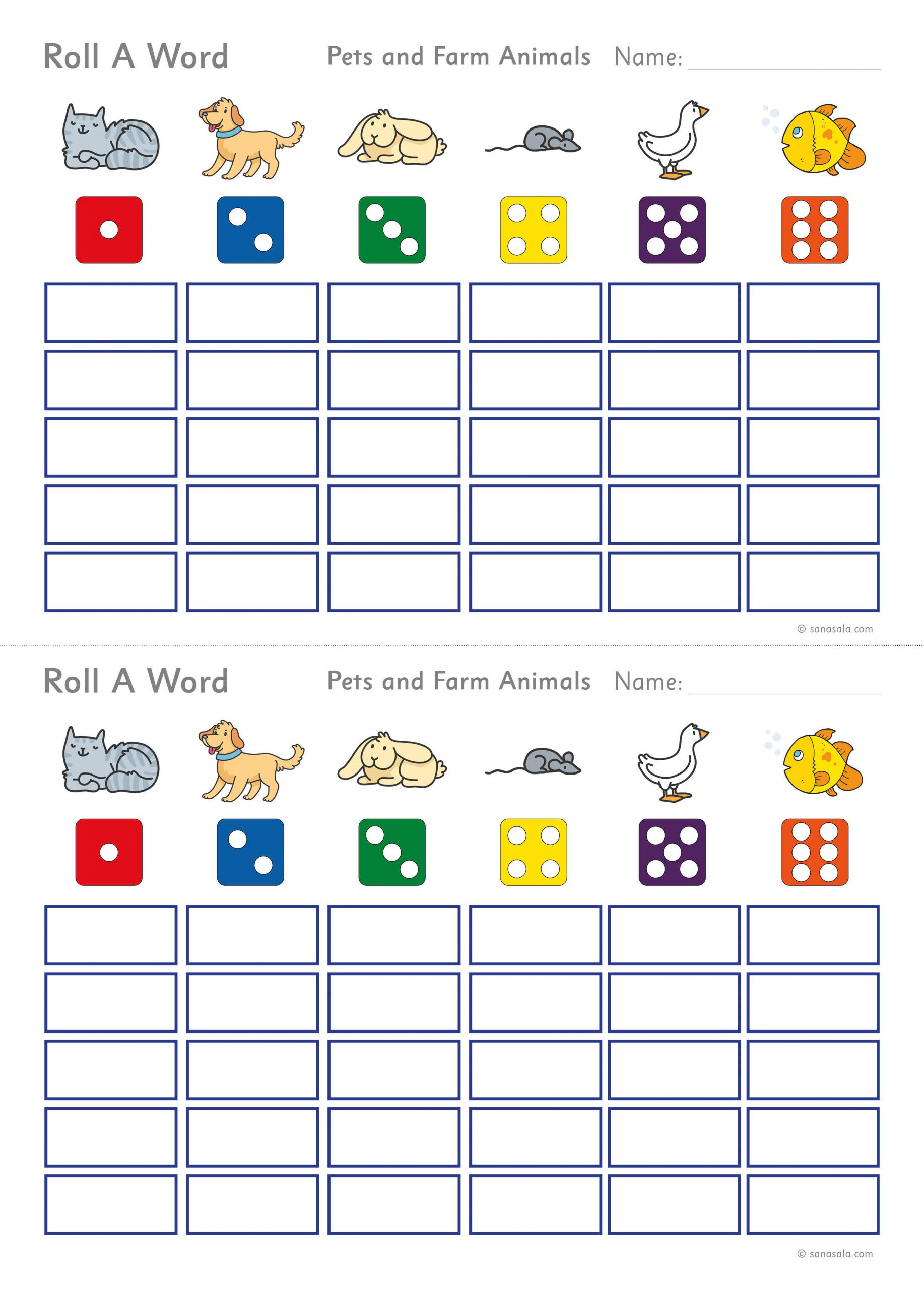 Pets and Farm Animals - Roll-a-Word | Sanasala Learning